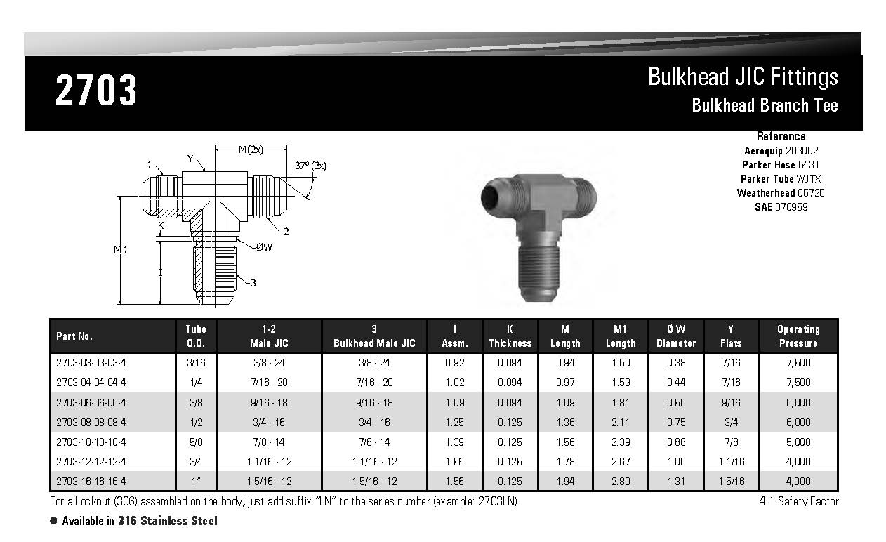 Male JIC x Male JIC x Male JIC, Bulkhead Branch Tee, Steel | 2703LN-03 ...